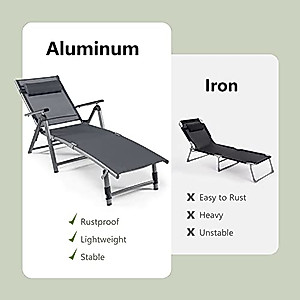 COSTWAY Patio Folding Aluminum Lounge Chair Chaise Adjustable Back Armrest Headrest