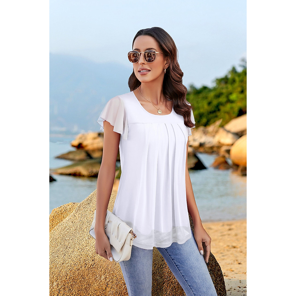 KOAIZ Rufful Short Sleeve Tops for Women Casual Mesh Tunic Double Layers Stretchy Shirts Summer Cute Tops for Women Holiday Blouse Dressy White XL