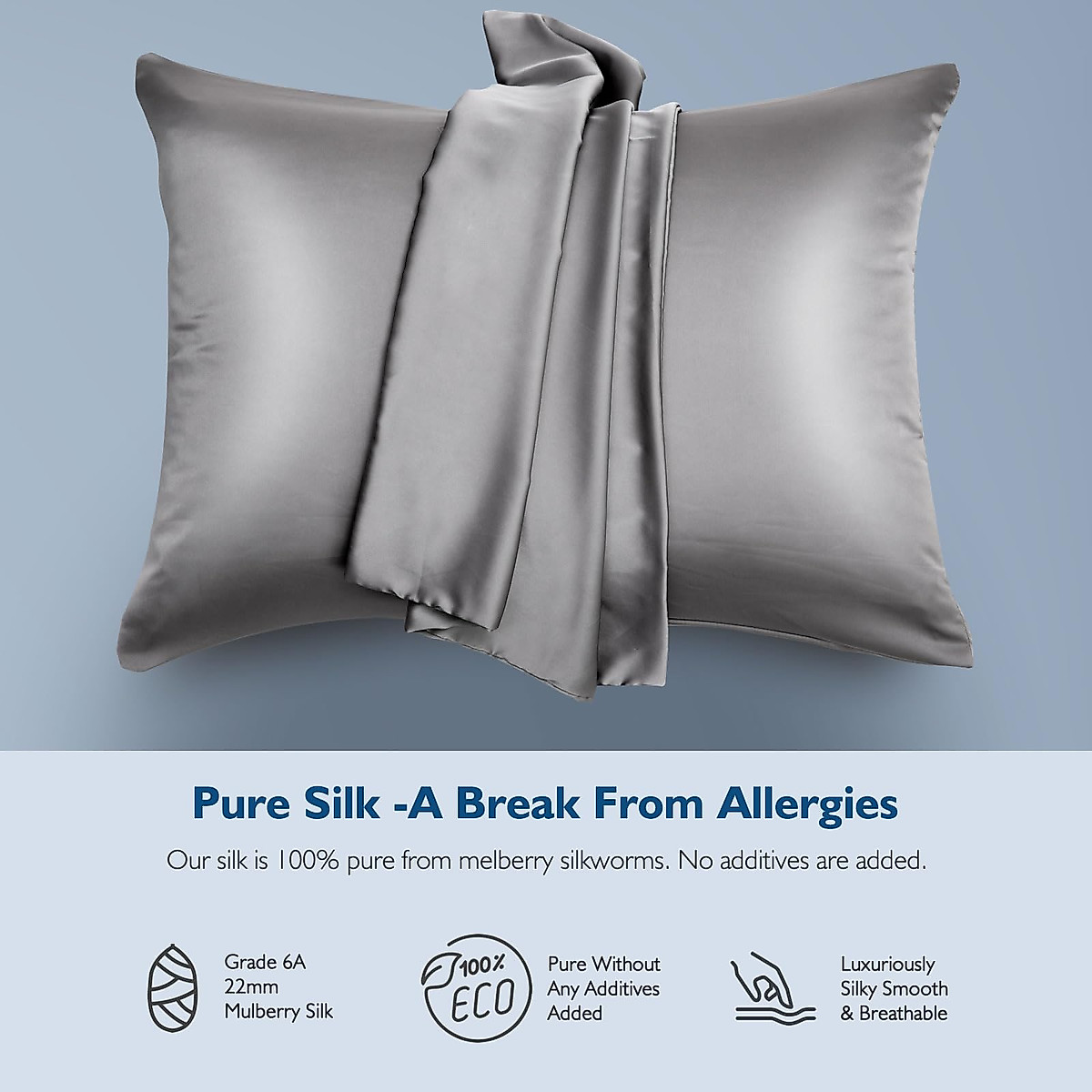 Dafinner 100% Mulberry Silk Pillowcases Standard Size, Grey Silk Pillow Cases Set of 2, Hair and Skin Friendly, Hidden Zipper, Gifts for Women Men, 2 Pack, 20x26 Inches