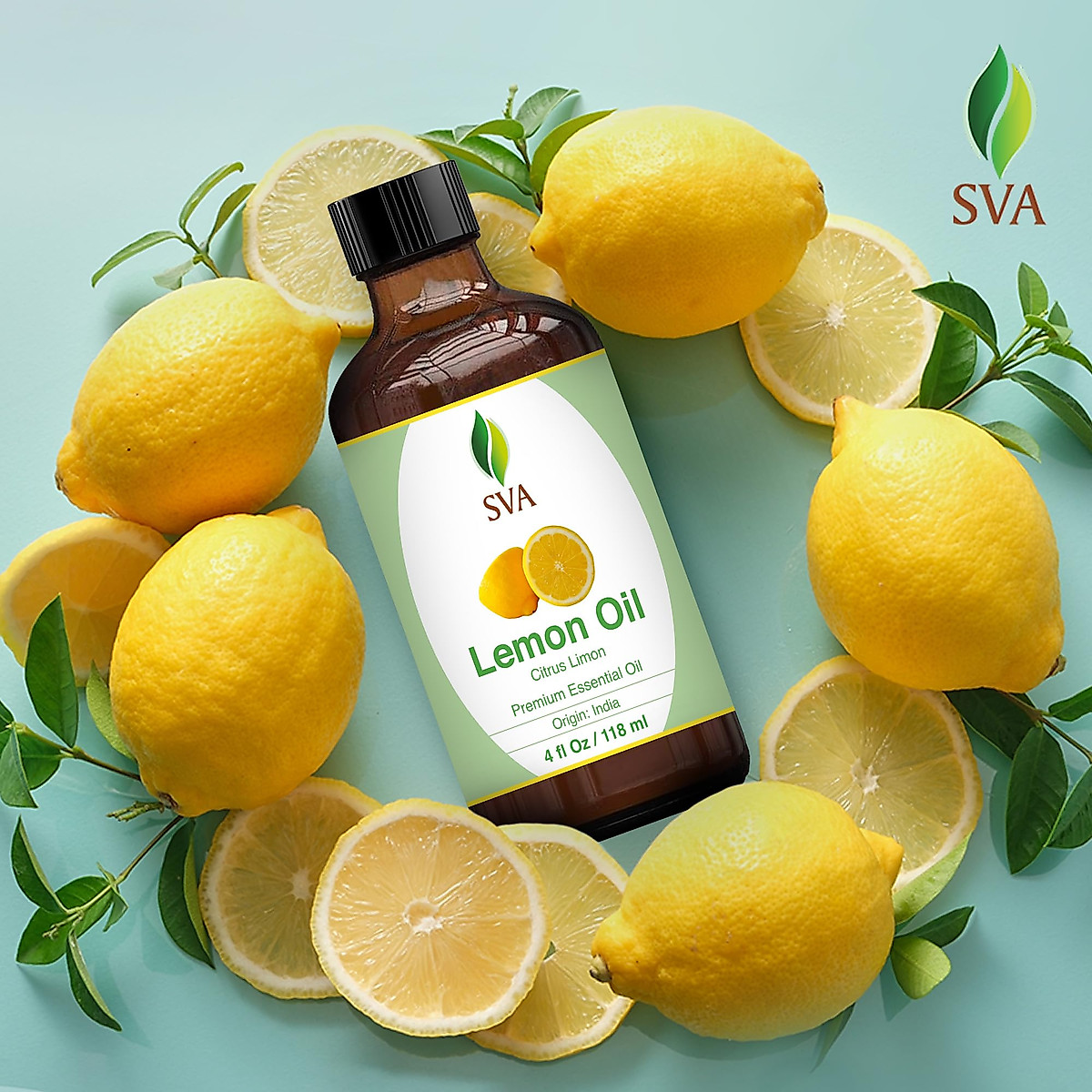 SVA Lemon Essential Oil – 4 Fl Oz – 100% Natural Lemon Oil - for Diffuser, Hair Care, Face, Skin Care, Aromatherapy, Scalp and Body Massage, Soap and Candle Making – with Dropper