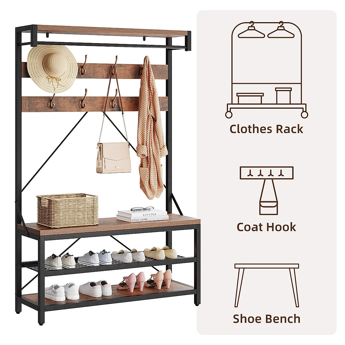 IDEALHOUSE Coat Rack Shoe Bench Industrial Hall Tree Storage Bench for Entryway, Wood Look Accent Large Shoe Rack Bench with Storage Shelf Hanging Bar,8 Hooks Rustic Brown 39.9"x15.7"x72"