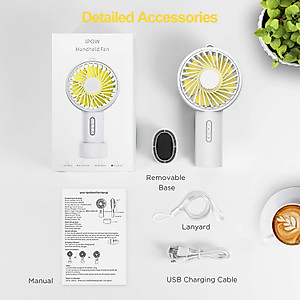 IPOW Mini Handheld Fan Personal Portable Fan 3 Speed Adjustable Angle Removable Base Lanyard USB Recharging Battery Operated Small Desk Cooling Face Fan for Home Camping Disney Travel Icy White