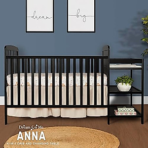 Dream On Me Anna 3-in-1 Full-Size Crib and Changing Table Combo in Black, Greenguard Gold Certified, Non-Toxic Finishes, Includes 1" Changing Pad, Wooden Nursery Furniture