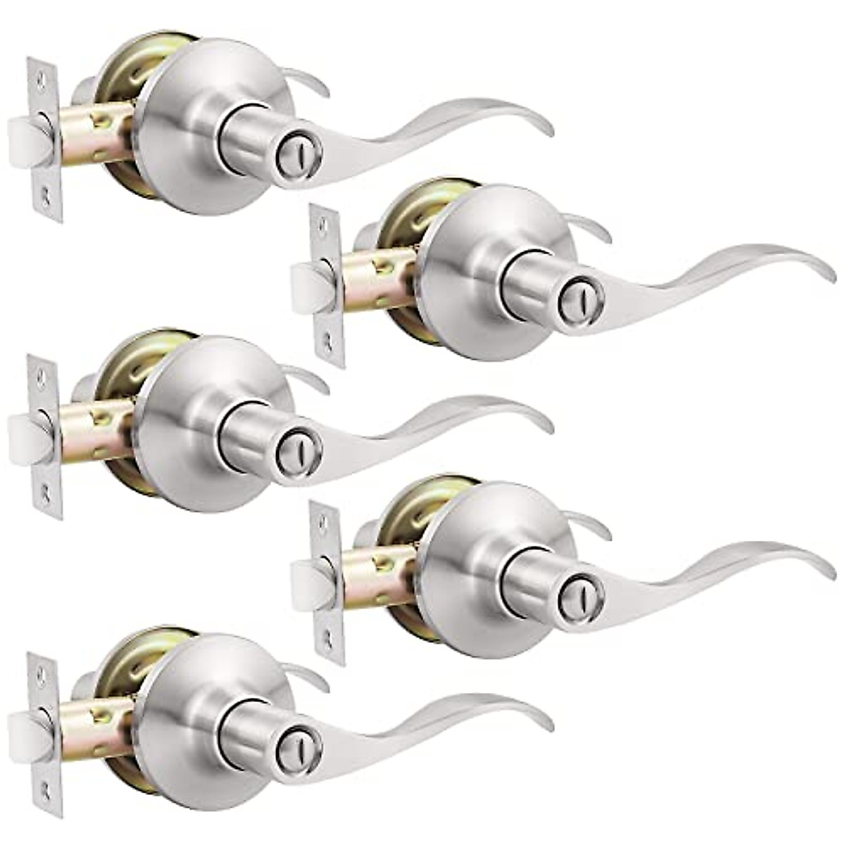 GOBEKOR 5 Pack Brushed Nickel Door Handle Interior Door Levers Privacy for Bedroom Bathroom Door Lock Keyless Wave Lever Door Handles