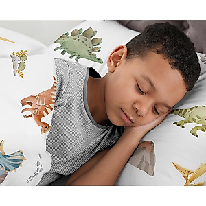 Sweet Jojo Designs Watercolor Dinosaur Dino Boy Queen Comforter Set Full Size Bedding Kids Teen Adult Bed Room 3p Green Slate Blue White Modern Dinosaurs Jurassic Nature Animal Steel Turquoise Yellow