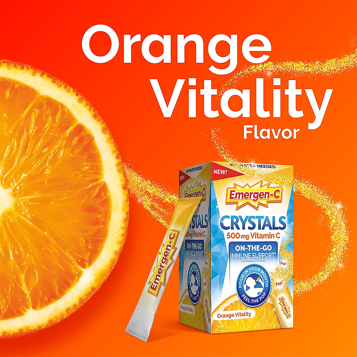 Emergen-C Crystals, On-The-Go Immune Support Supplement with Vitamin C, B Vitamins, Zinc and Manganese, Orange Vitality - 56 Stick Packs