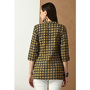Lagi Women Straight Mandarin Collar 3/4 Sleeves Printed Short Cotton Kurti, Black & Mustard (XS)
