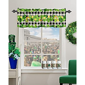 Curtain Valance for Windows St. Patrick's Day Clover Leaf Horseshoe Gold Kitchen Valances Rod Pocket Short Curtains,Black White Plaid Window Treatment Panel for Living Room Bathroom Bedroom 42x12in