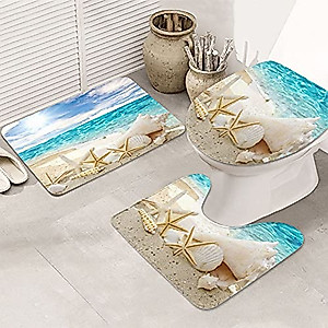 BIUSTAR 4 Piece Beach Starfish Sun Shower Curtains Sets with Non-Slip Rugs, Toilet Lid Cover and Bath Mat, Bathroom Sets with Shower Curtain and Rugs and Accessories