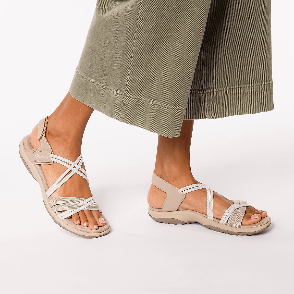 Skechers Women's Reggae Slim-Takes Two Flat Sandal, Taupe, 6 Wide