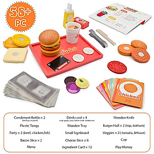 Victostar Wooden Play Food Set (58 pcs) Slice & Stack Sandwich Counter, Pretend Play Store Food Toys, Burger Shop Toys for Boys and Girls