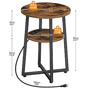 HOOBRO Round Side Table with Charging Station, 2-Tier Round End Table with Sturdy X-Shaped Metal Frame, 21.7" H Round Nightstand, for Living Room, Bedroom, Balcony, Office, Rustic Brown BF100UBZ01