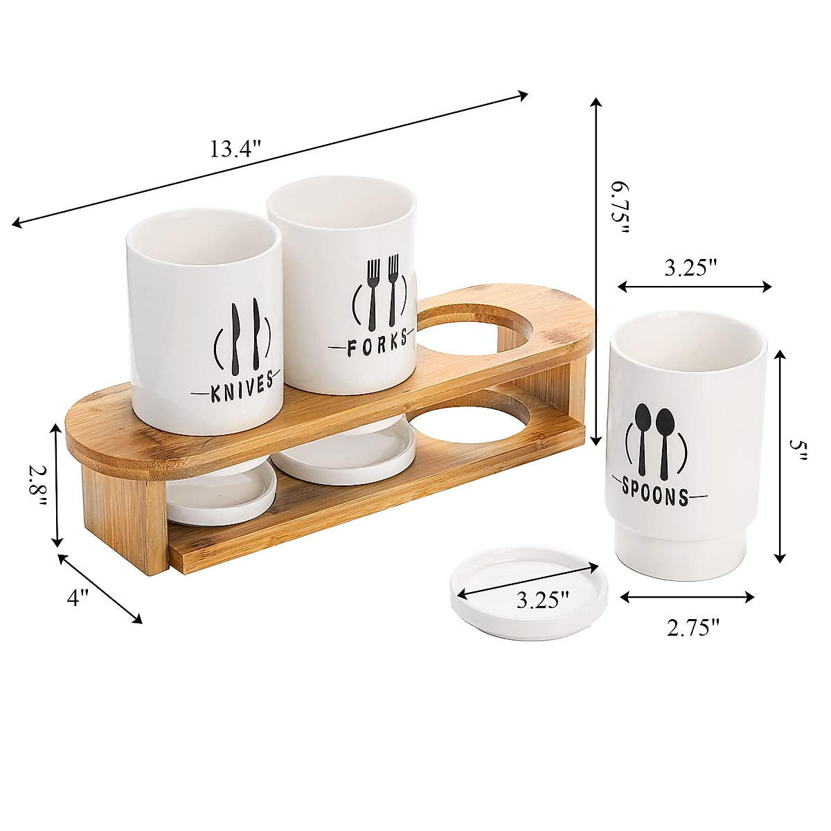 Fasmov Flatware Holder, 3 Pack Silverware Caddy with Bamboo Rack, Utensil Holder Ceramic Flatware Caddy White Ceramic Cutlery Organizer for Forks, Spoons, Knives