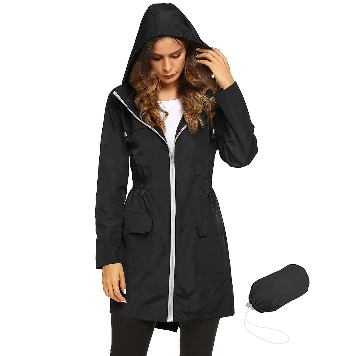 LOMON Raincoats Waterproof Lightweight Rain Jacket Active Outdoor Hooded Women's Trench Coats(Black XL)