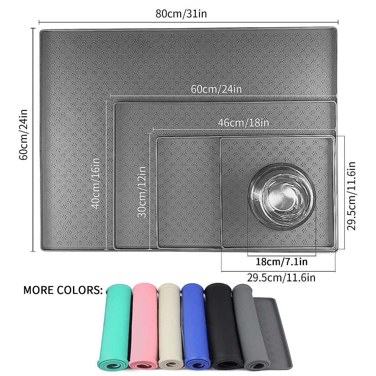 Ptlom Grey Pet Placemat for Dog and Cat, Waterproof Anti-Slip Pet Feeding Bowl Mats for Food and Water, Small Medium Large Tray Mat Prevent Residues from Spilling to Floor, Silicone, 31.5" 23.6"