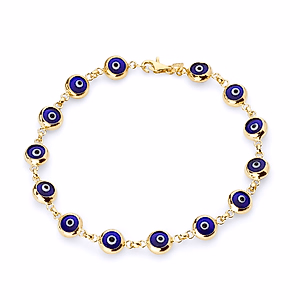 14k REAL Yellow Gold Blue Evil Eye Bracelet - 7.5"