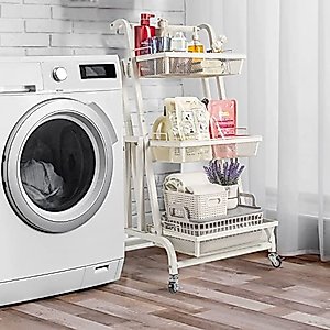 UPGLOW 3-Tier Metal Rolling Utility Cart, Adjustable Kitchen Storage Cart with Removable Mesh Baskets, Storage Trolley with Handle and Lockable Wheels for Kitchen, Bathroom, Office, Coffee Bar