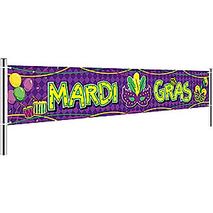 Large Mardi Gras Banner Decor, Mardi Gras Porch Sign Welcome Banner, Mardi Gras Masquerade Party Accessory, Carnival Party Hanging Decoration for Indoor Outdoor Decoration (8.2 x 1.5 FT)
