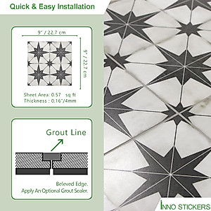 Peel and Stick Floor and Wall Tile for Bathroom Kitchen SPC Vinyl Self Adhesive Flooring Tile 9x9In Black Star Encaustic Patterned Groutble Backsplash Tile 16 Tiles, 9.12 Sq Ft.
