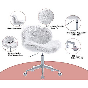 White Vanity Chair Faux Fur Swivel Desk Chair Cute Fluffy Armless Office Chair Rolling Makeup Chairs for Teens Bedroom Study Room, Height Adjustable