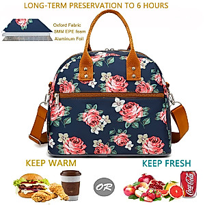FlowFly Insulated Lunch Bag With Shoulder Strap for Women, Men, and Kids, Large and Reusable, Handle, Freezable Work and School Travel Tote and Meal Prep Organizer,Peony