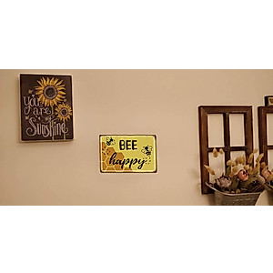 Eudora Mill Bee Happy 8x12 Metal Tin sign Vintage Bee Sunflower Happy Home Coffee Wall Decor Outdoor Farm Garden Rural Courtyard Wall Art Decor, Deco Mesh Wreath Supplies,Gift Gardeners, Teachers