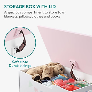 Navaris Wooden Toy Box - Versatile Storage Bench with Lid for Boys & Girls - Childrens Trunk Ideal for Toys Blankets Books and Clothes - Kids Toybox Chest with Soft Closure - Pink
