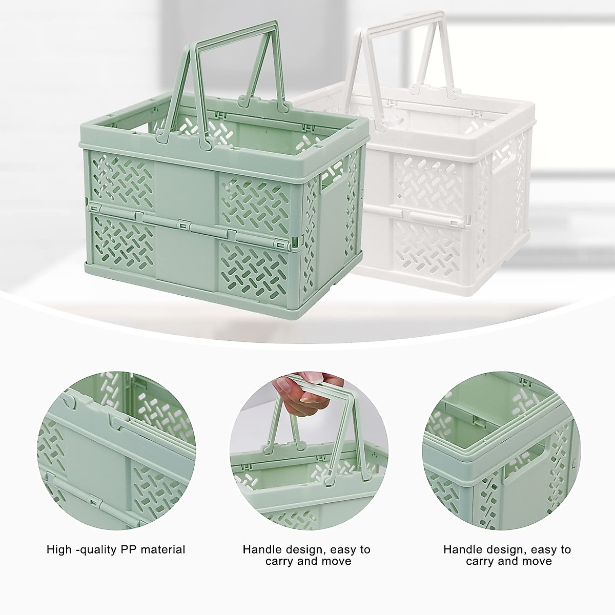 Klyuqoz Pastel Crates for Storage, Cute Crates Pack of 2, Collapsible Crate, Shopping Basket with Handle, Folding for Home Kitchen Office. Size (7.5 x 5.3 x 4.9 in), Green, White