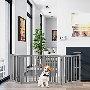 PETMAKER Freestanding Pet Gate - Wooden Folding Fence for Doorways, Halls, Stairs & Home - Step Over Divider - Great for Dogs & Puppies,Gray