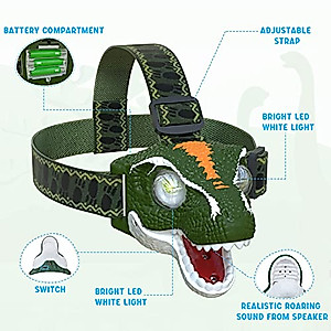 COSOOS LED Headlamp for Kids Flashlight Camping Gear, Roar & Silent Mode, Outdoor Toy Head Lamp for Boy Girl Toddler, 3.4oz Lightweight Headlight, Birthday Gift - Battery Included