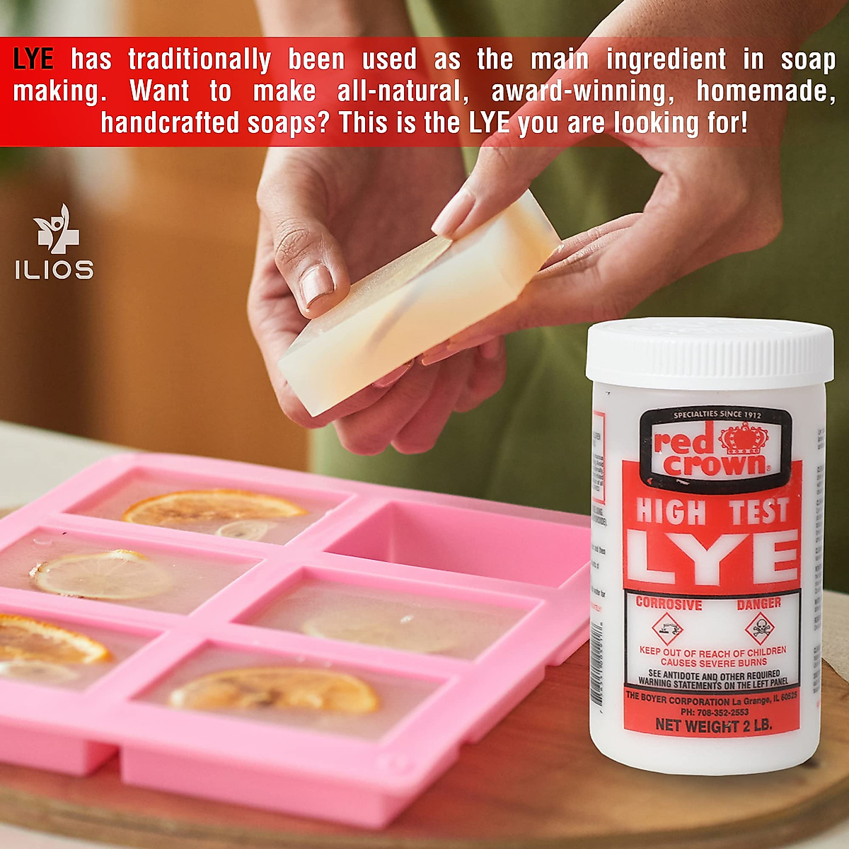 Ilios Boyer Lye - Pure Red Crown High Test Lye for DIY Soapmaking, House Cleaning Supplies - Soap Base, Paint Remover, Drain Cleaner - Non-Food Grade - Soap Making Kit with 2 2Lb Bottles, 1 Soap Mold