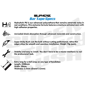 SUPACAZ – Bicycle Bar Tape [Length: 2,200mm Width: 30mm] +Plugs – Super Sticky Kush Classic –Black