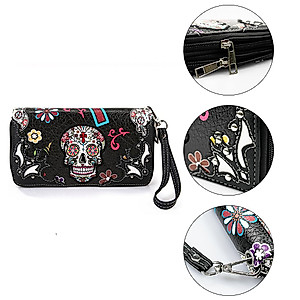 Sugar Skull Wallet PU Leather Western Wristlet Wallet (Black Sugar Skull)