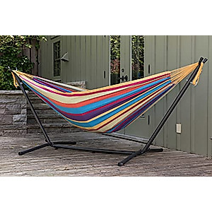 Vivere Double Cotton Hammock with Space Saving Steel Stand, Tropical (450 lb Capacity - Premium Carry Bag Included)