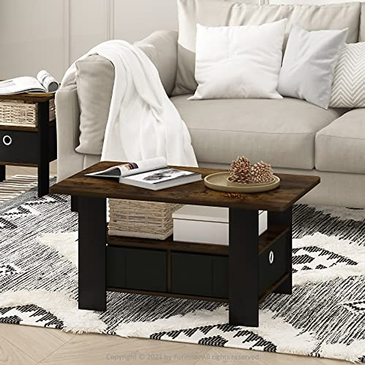 Furinno Andrey Coffee Table with Bin Drawer, Amber Pine/Black Small Non-Lift Top