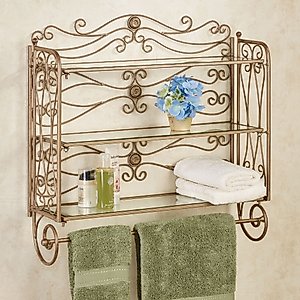Kadalynn Wall Shelf with Towel Bar - Satin Gold - Handcrafted Metal - Decorative Storage - Mounted Rack Organizer for Bathroom - 3 Shelves - 24 Inches High