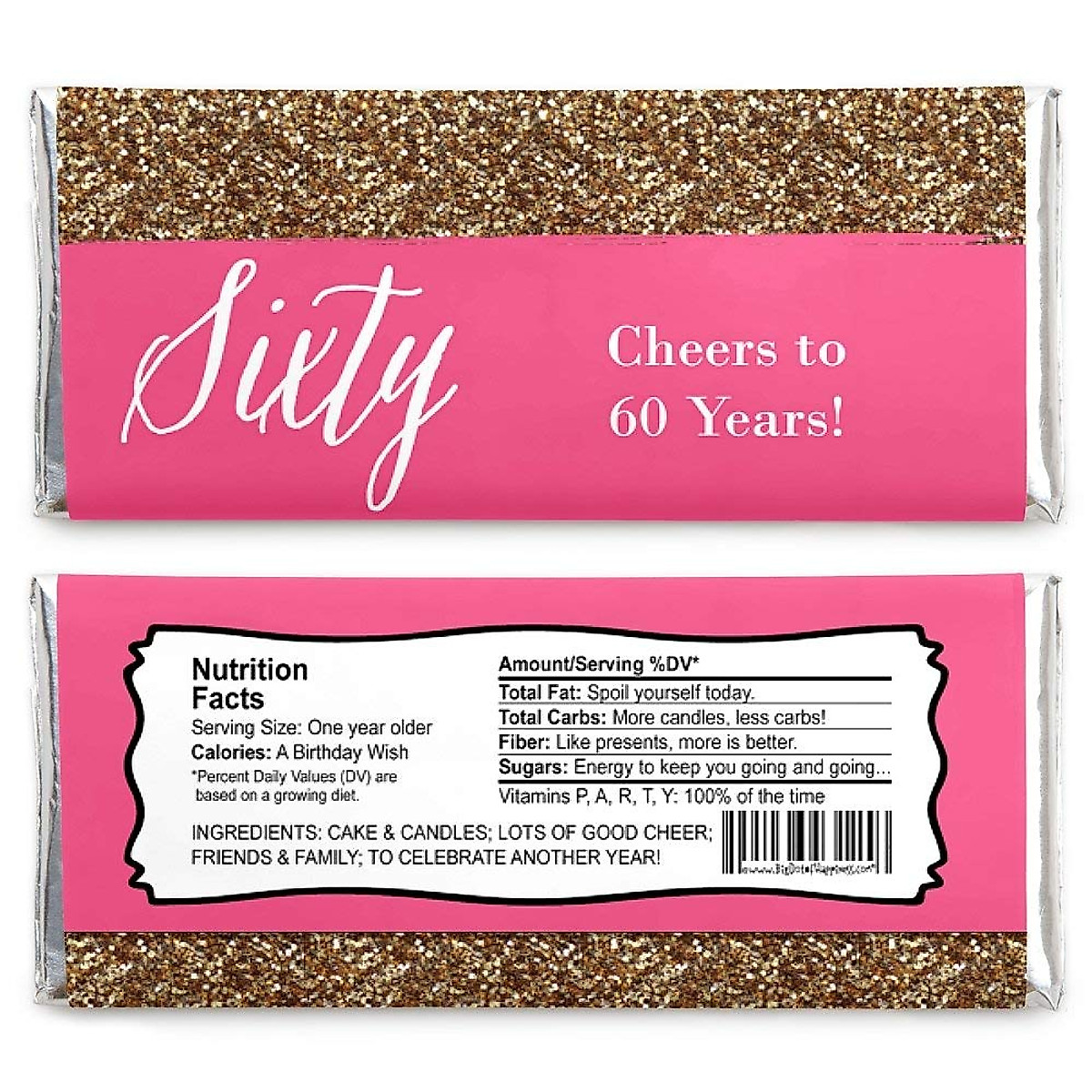 Big Dot of Happiness Chic 60th Birthday - Pink and Gold - Candy Bar Wrappers Birthday Party Favors - Set of 24