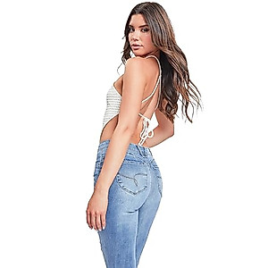 YMI Women's Wannabettabutt Highrise Super Flare Distressed Hem Denim Jeans(Medium Blue Rips,1)