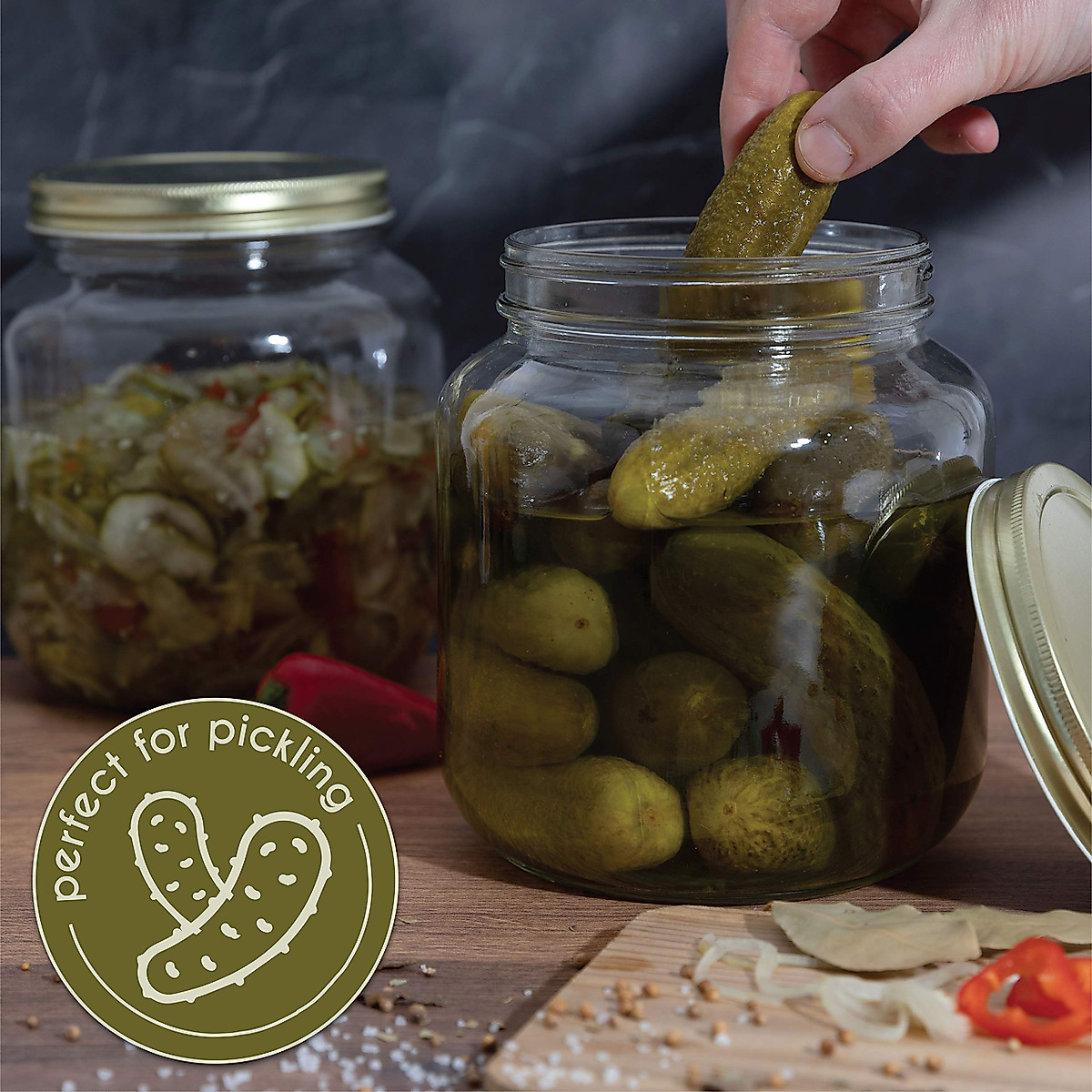 kitchentoolz 6 Pack of Glass Mason Jar Half Gallon Wide Mouth with Airtight Metal Lid - Safe for Fermenting Kombucha Kefir, Herb Drying & Extraction Curing Pickling, Storing and Canning