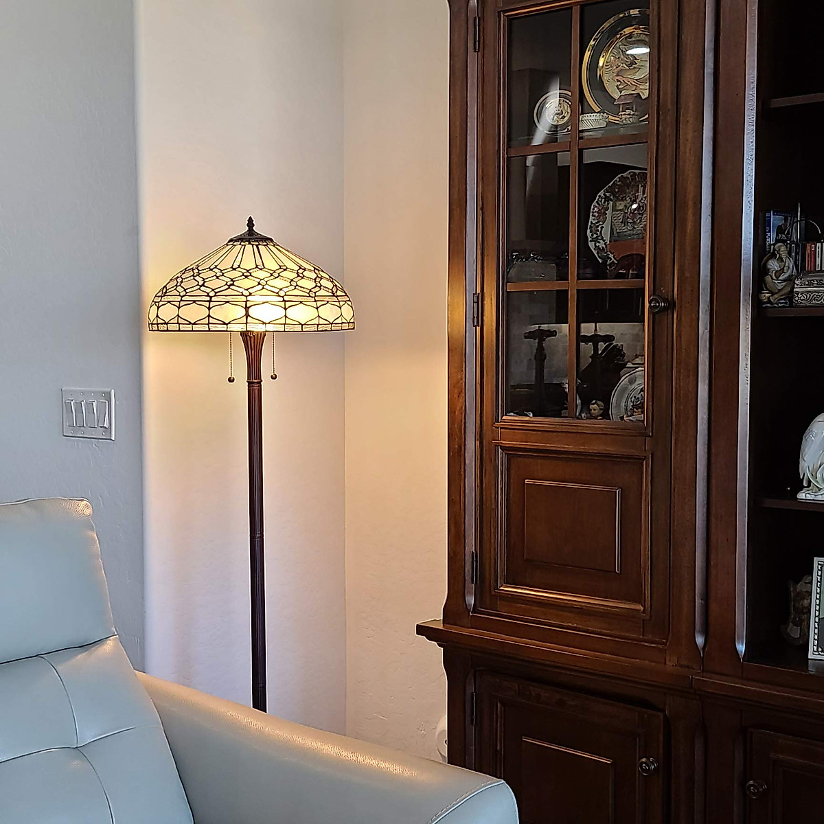 Amora Tiffany Style Floor Lamp Standing 62" Tall Stained Glass White Mahogany Antique Vintage Light Decor Bedroom Living Room Reading Gift AM222FL18 Lighting