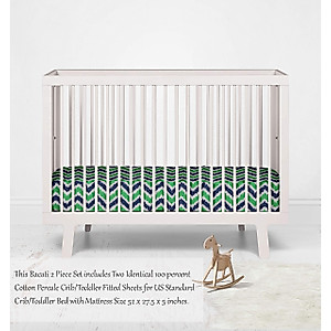 Bacati - 2 Pack Crib Fitted Sheets - Mix and Match Ikat Zigzag Chevron Soft Breathable 100% Cotton Percale Baby Sheets - Fits Standard 28 x 52 X 5 inches Crib & Toddler Mattresses(Navy Green)