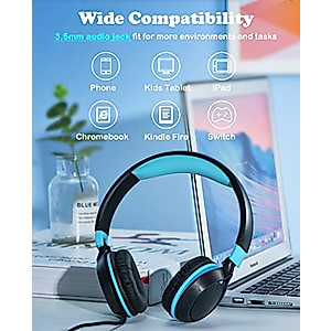 DyBaxa Kids Headphones Wired, Foldable On Ear Headset, Volume Limiter 94dB, Over-Ear Headphones for School Online Classes Travel Children, 3.5mm Jack Compatible Smartphones, Black Blue
