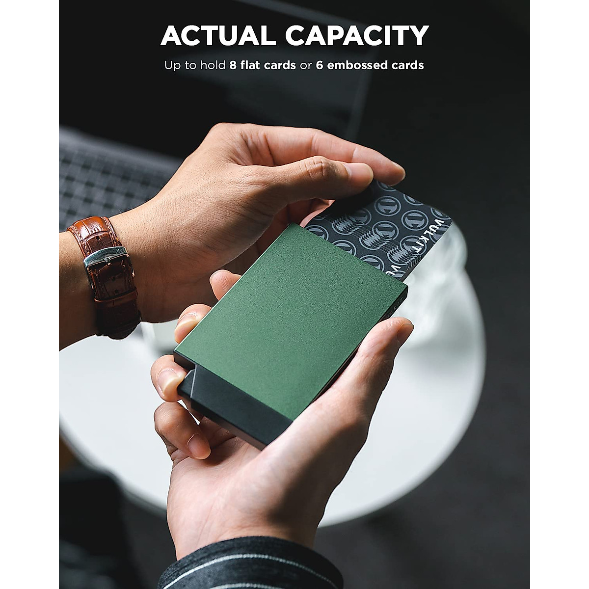 VULKIT Pop up Credit Card Holder Minimalist Metal Business Card Case RFID Blocking Front Pocket Wallet for Men or Women(Midnight Green)