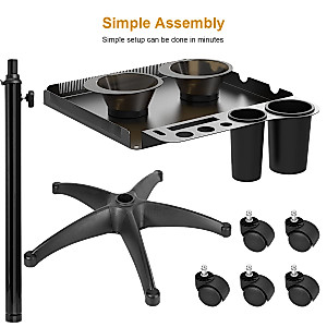 Salon Tray on Wheels with 2 Magnetic Bowls, Rolling Metal Aluminum Tray Cart Height Adjustable for Hair Stylist, Hair Extension Tool Tray, Tattoo Tray with Hair Stickless Wheels