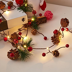 TW SHINE 2 Pack Christmas Pine Cone String Lights, 13 FT 40 LED Total Prelit Battery Operated Garland with Red Berry for Indoor Outdoor Xmas Fireplace Decorations