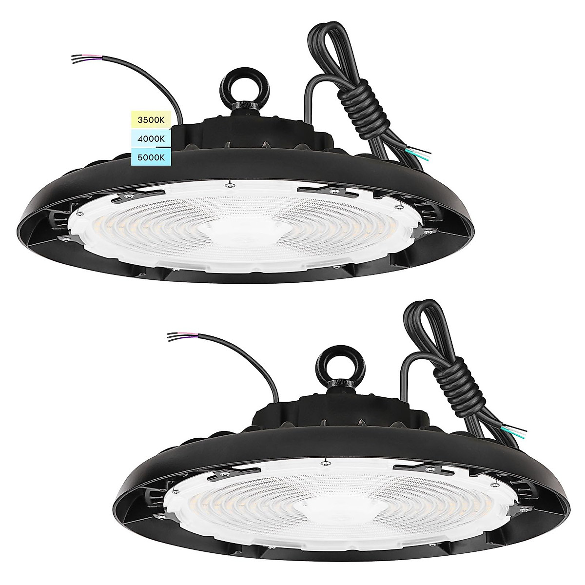 LUXRITE 200/220/240W UFO High Bay LED Shop Lights, Up to 36000 Lumens, 3CCT 3500K-5000K, 5FT Hardwire Cable, Surge Protected, IP65, 120-277V, UL - Warehouse Gym Factory Commercial Lighting 2-Pack