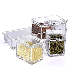 ME.FAN Clear Seasoning Rack Spice Pots - 4 Piece Acrylic Seasoning Box - Storage Container Condiment Jars - Cruet with Cover and Spoon