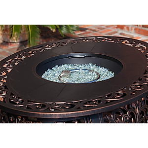 Fire Sense 62198 Toulon Filigree Aluminum Convertible Gas Fire Pit Table 55,000 BTU Outdoor Multi-Functional with Fire Bowl Lid, Nylon Weather Cover & Clear Fire Glass - Bronze Finish - Oval - 48"