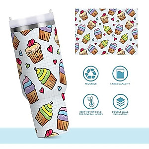 ARGTILDN 30 oz Tumbler Cupcakes Cakes Hearts Insulated Travel Mug with Handle and Straw Lid Stainless Steel Vacuum Coffee Cup Tea Beverage Container Water Bottles for Car Sports office