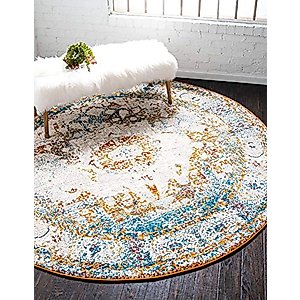 Unique Loom Rosso Collection Traditional, Vintage, Medallion, Border, Distressed, Southwestern Area Rug, 8 ft x 8 ft, Ivory/Blue